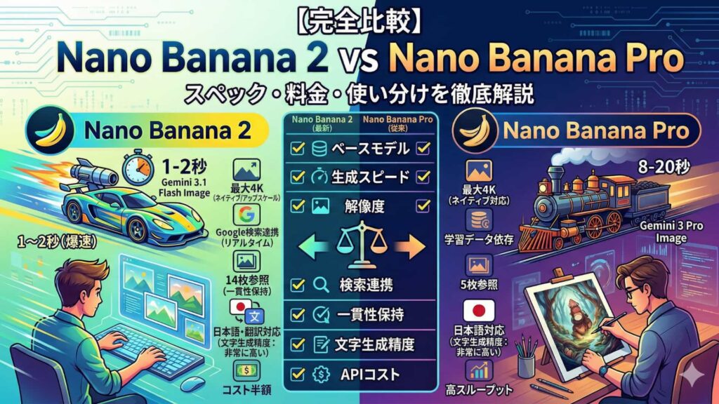 【完全比較】Nano Banana 2 vs Nano Banana Pro｜スペック・料金・使い分けを徹底解説 | AIエージェントナビ
